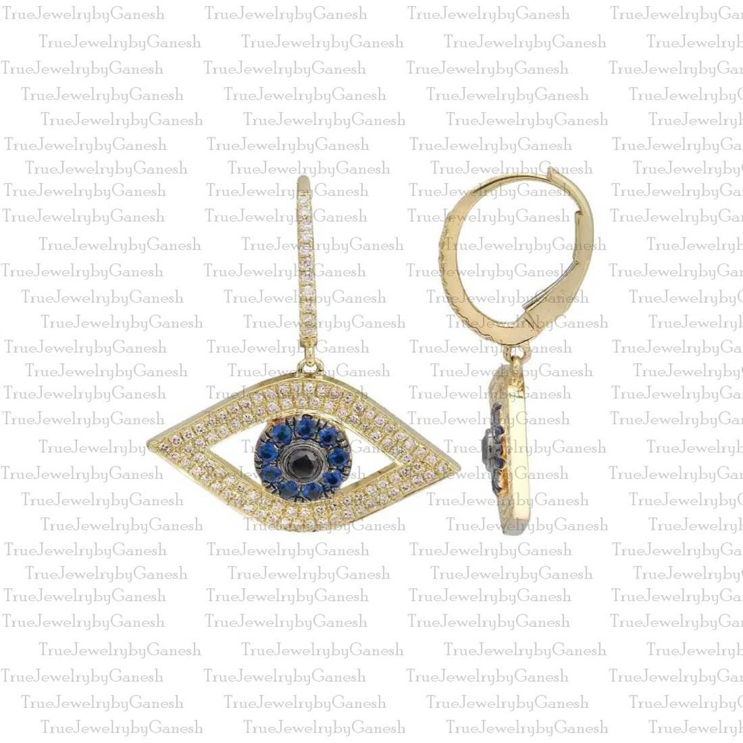 Evil Eye Drop Hoops With Natural SI Diamonds Blue Sapphire - Etsy