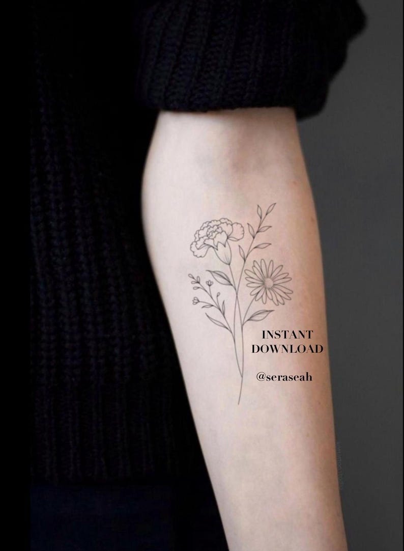 Carnation and Aster Tattoo Design: Fine Line Floral Stencil (instant ...