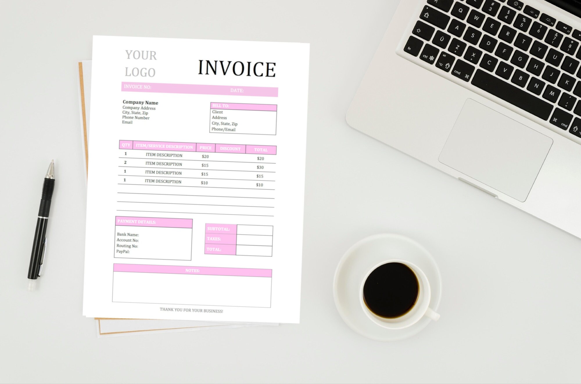 Invoice Template Pink| Editable Invoice| Printable Invoice| Simple ...