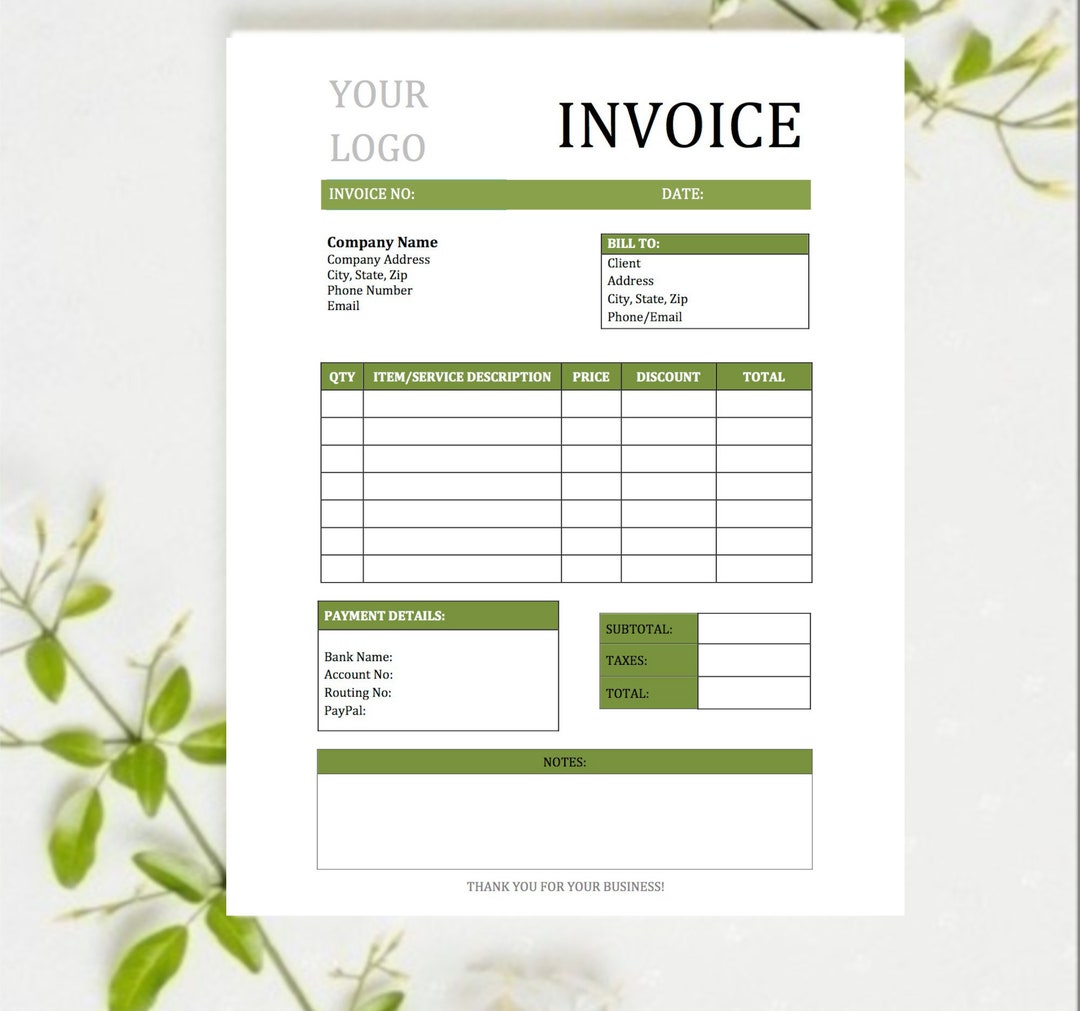 Invoice Template Green| Editable Invoice| Printable Invoice| Simple ...