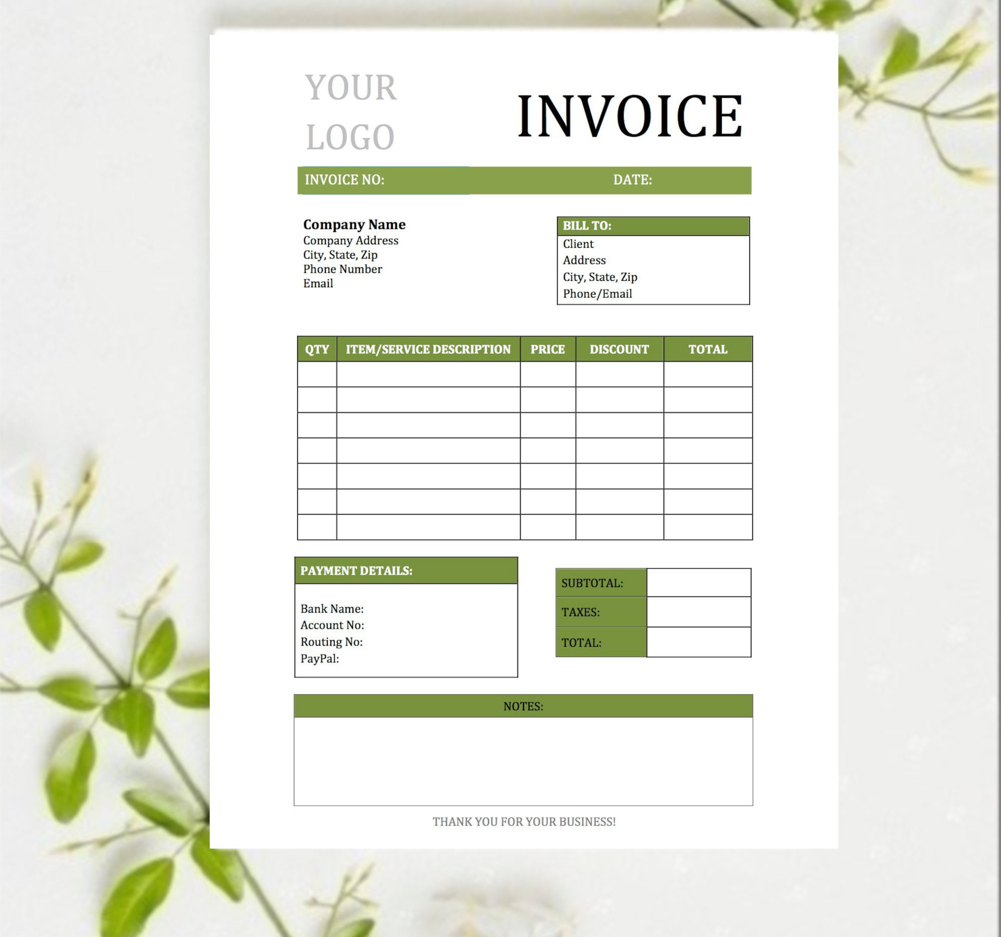 Invoice Template Green| Editable Invoice| Printable Invoice| Simple ...