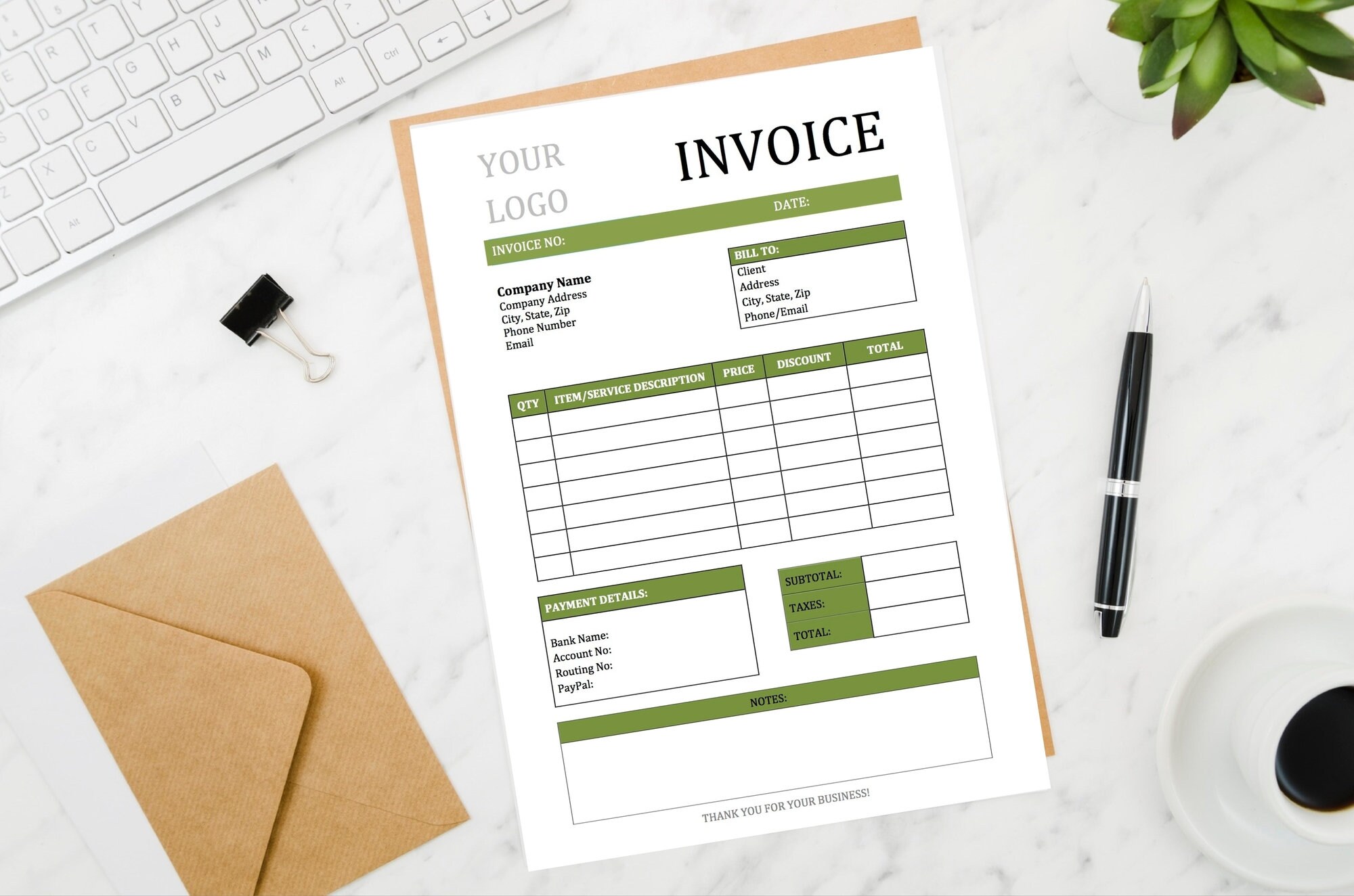 Invoice Template Green| Editable Invoice| Printable Invoice| Simple ...
