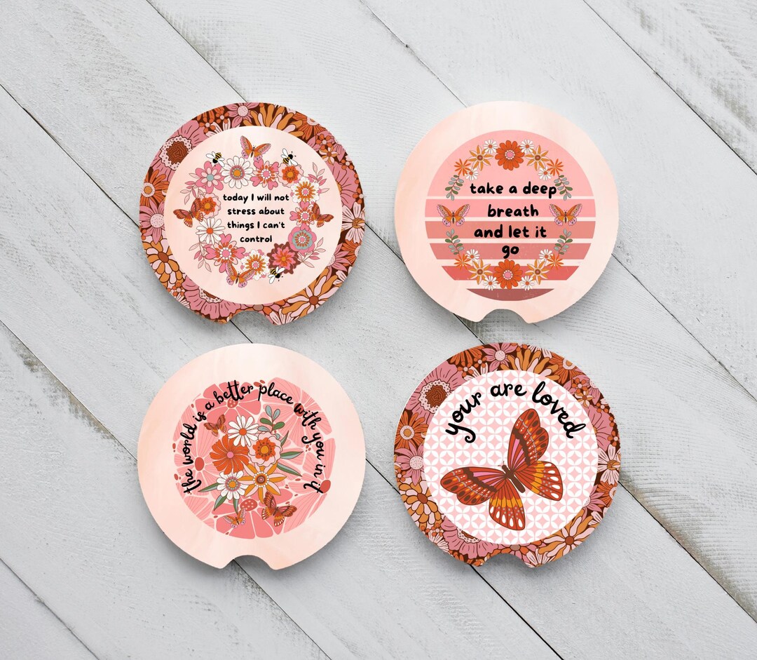 Positive Affirmation Car Coasters, Car Coaster Set, Boho Floral Coaster ...