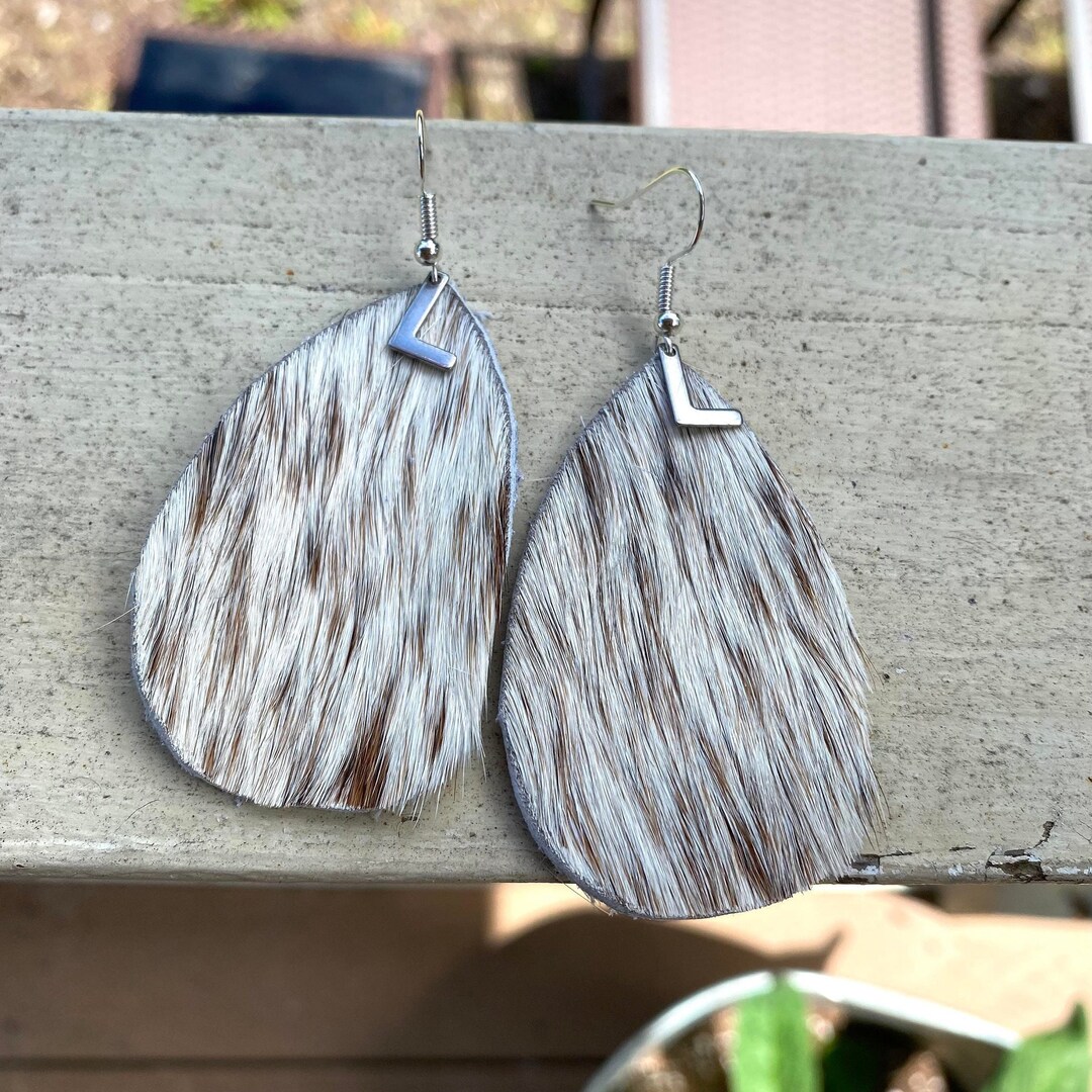 Cowhide Custom Initial Teardrop Earrings - Etsy