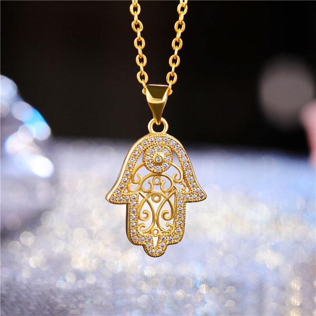 Gold Hamsa Hand of Fatima Pendant Necklace for Women, Hamsa Jewelry ...