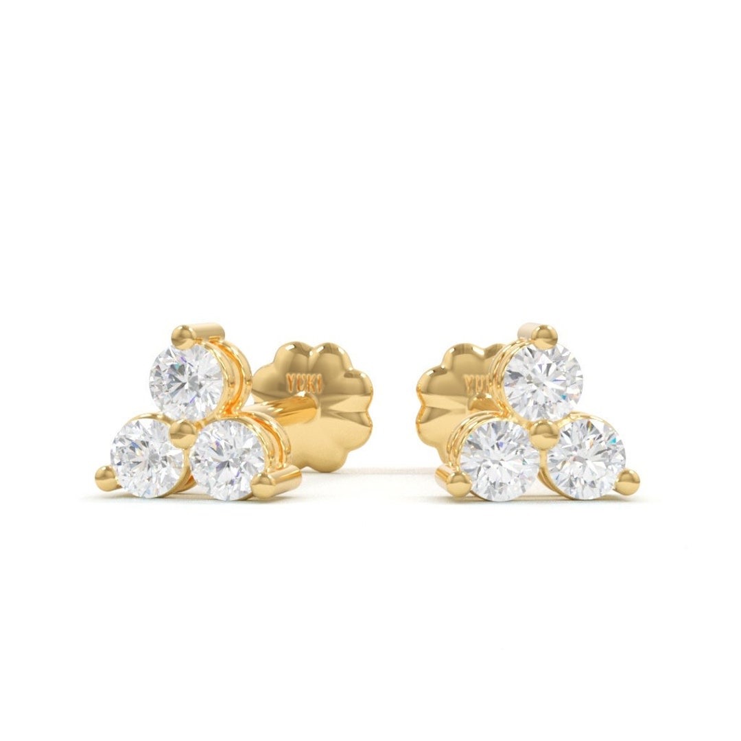14k Diamond Cluster Earrings | Three Stone Stud Earring | April ...