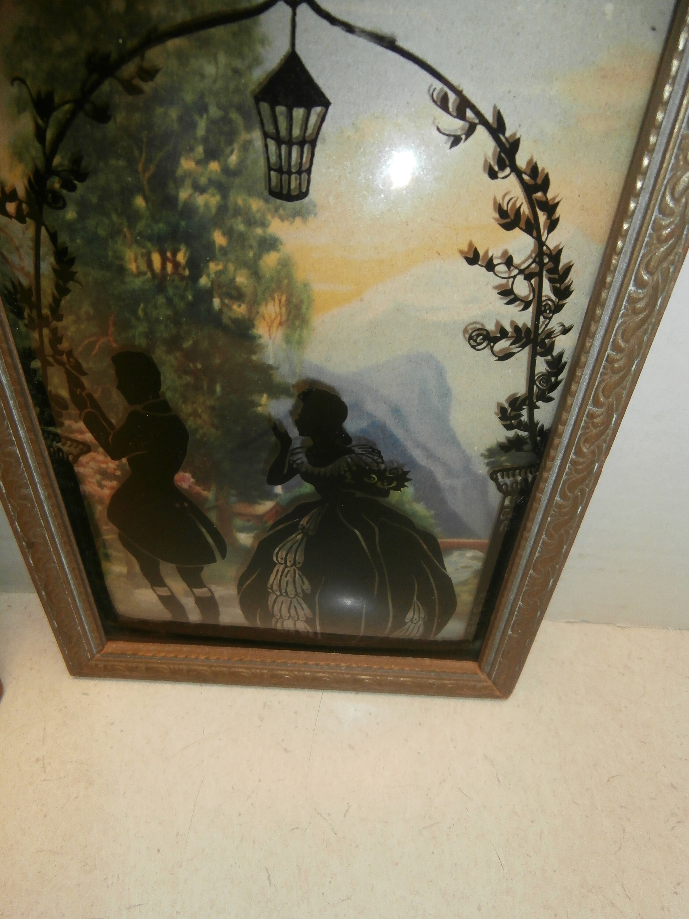 RARE ANTIQUE Reverse Painting of Couple in Love Unsigned Wood Frame Lot ...