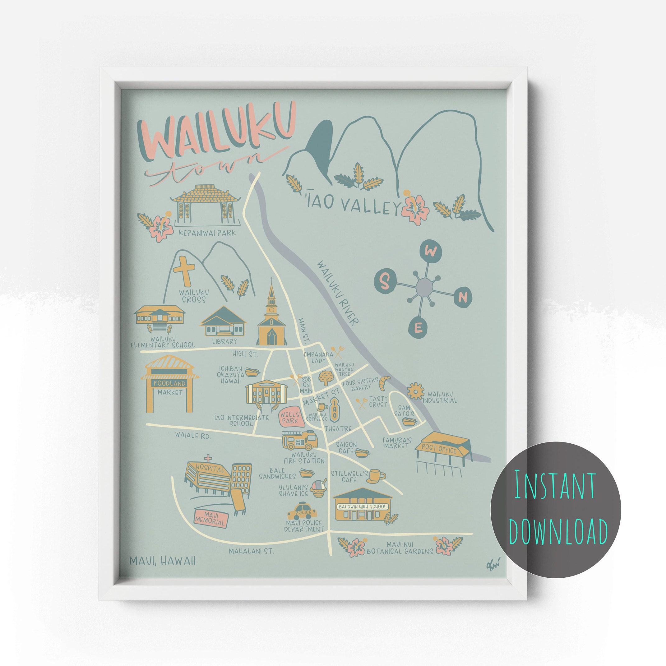 Wailuku Town Map, Maui, Hawaii Instant Download, Downloadable Art ...