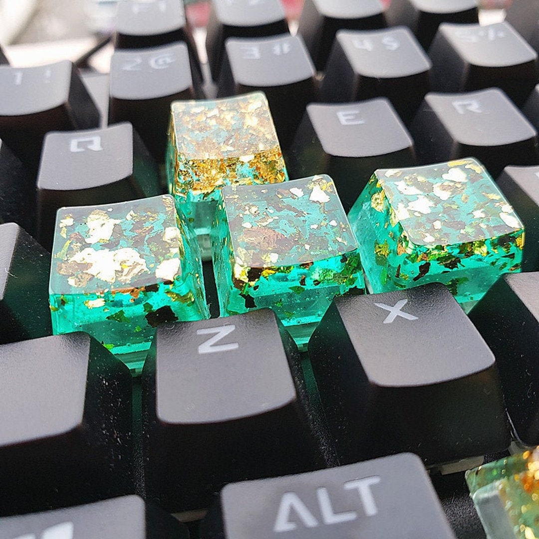 Hand-made Keycaps. Green Epoxy Gold Foil Mechanical Keyboard Keycaps ...