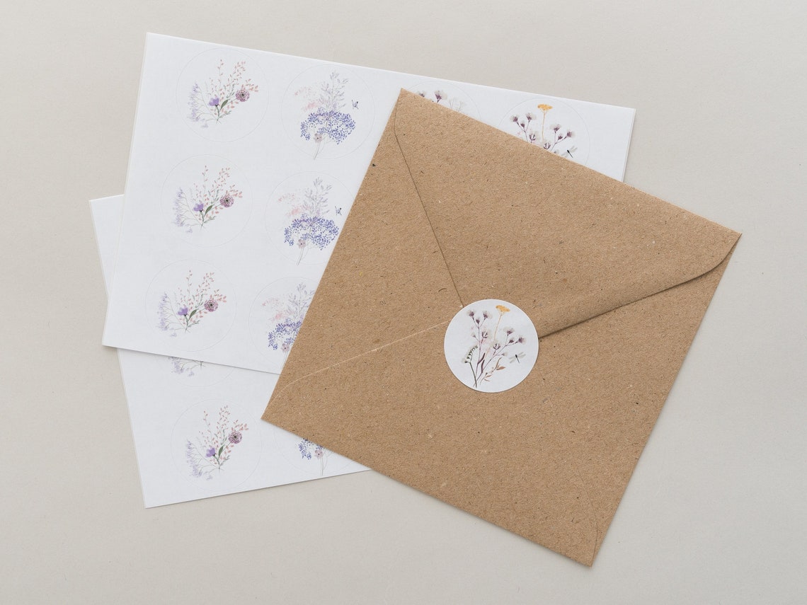 Wildflower Sticker Mix, 48 Stickers, Wedding Envelope Sticker, Round ...