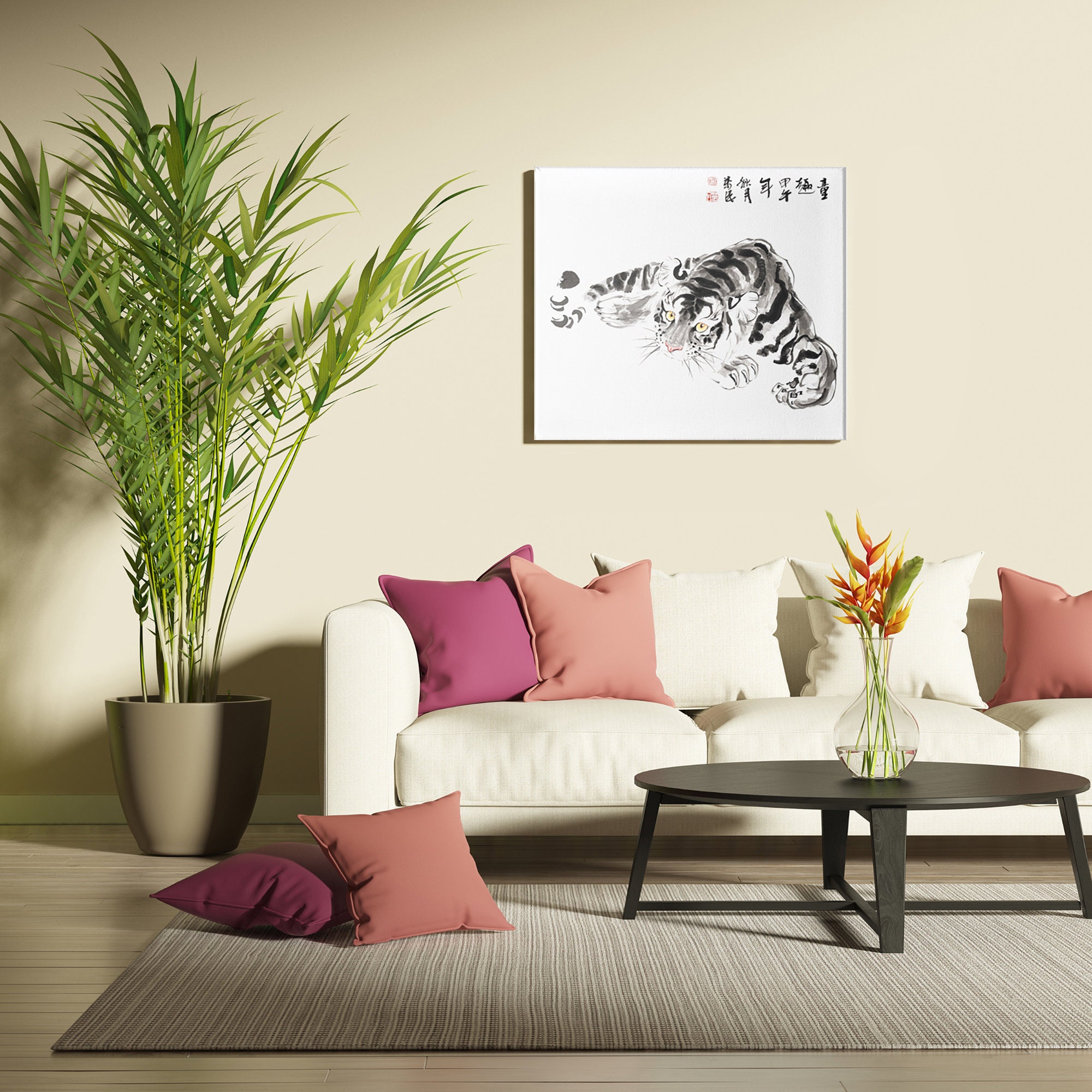 Chinese Tiger Ink Drawing, Fine Art Print, Square Format Print, Black ...