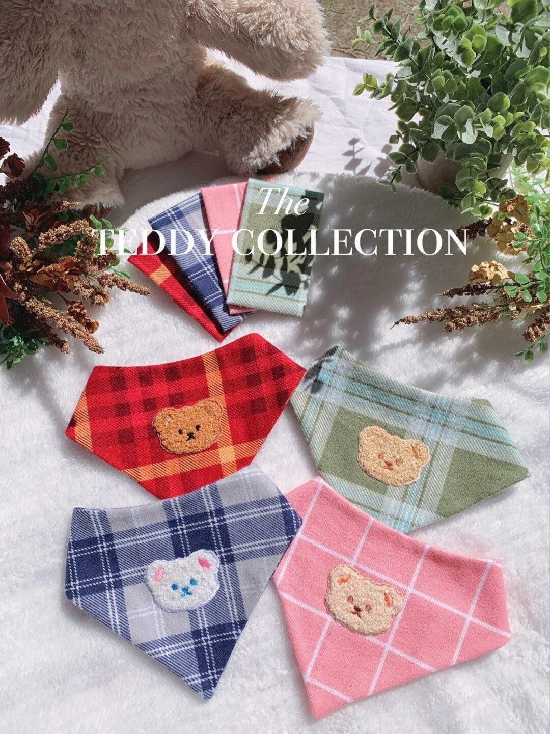 Teddy Bear Plaid Reversible Pet Bandana | Soft Flannel | Matching Bow ...