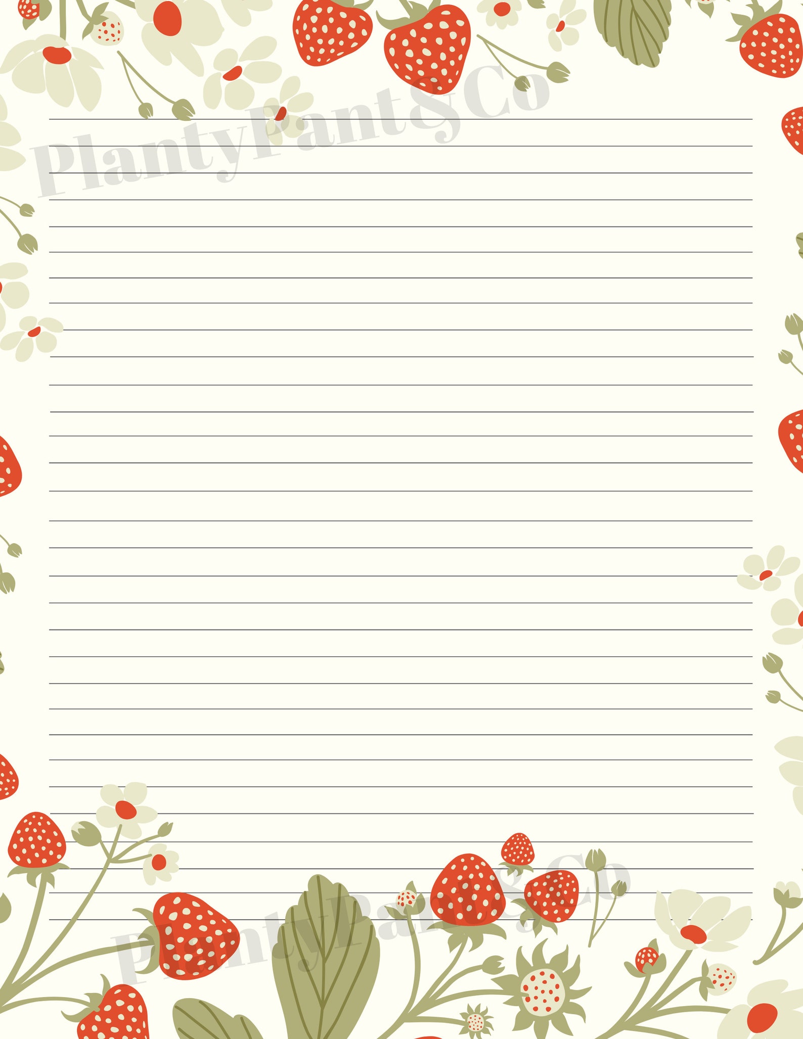 Printable Strawberries & Wildflowers Stationery – Instant Download for ...