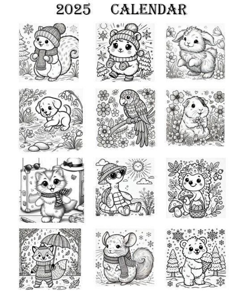 2025 Coloring Calendar for Kids Fun Animal Illustration. PDF. - Etsy