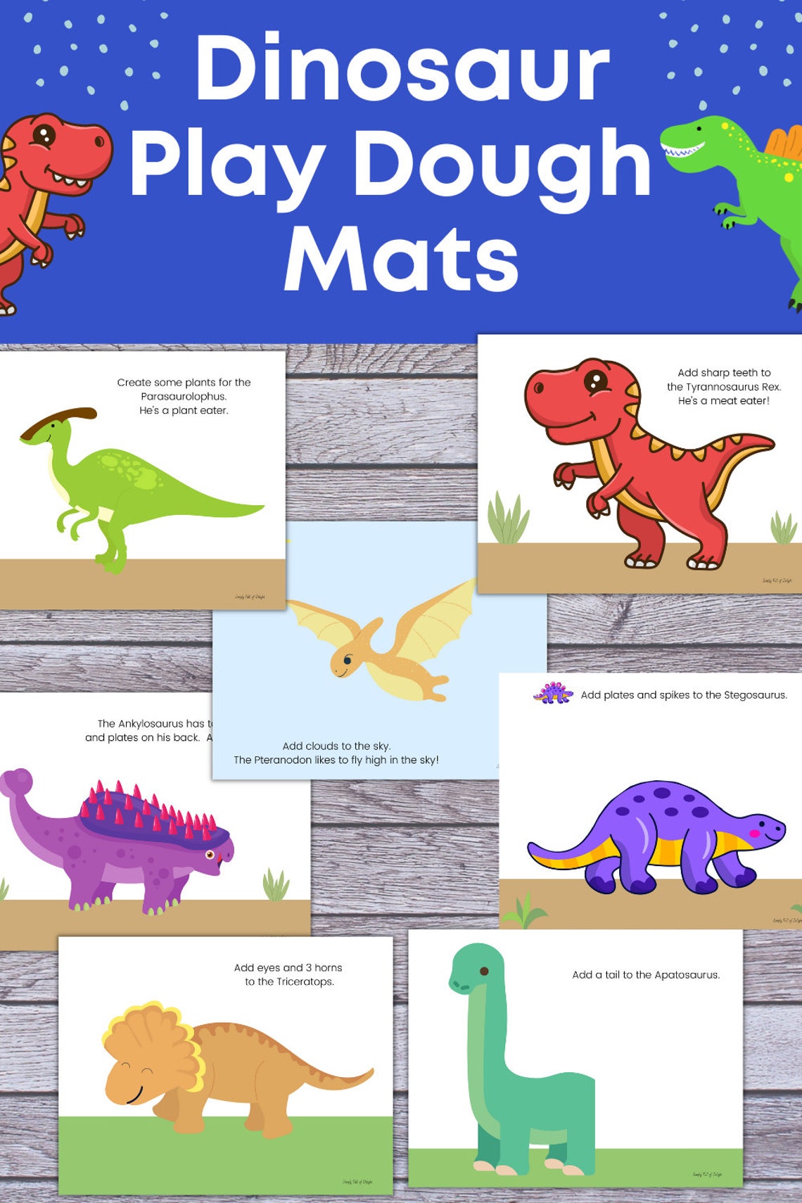 7 Dinosaur Play Dough Mats, Printable Dinosaurs Play Dough Mat, Dino ...