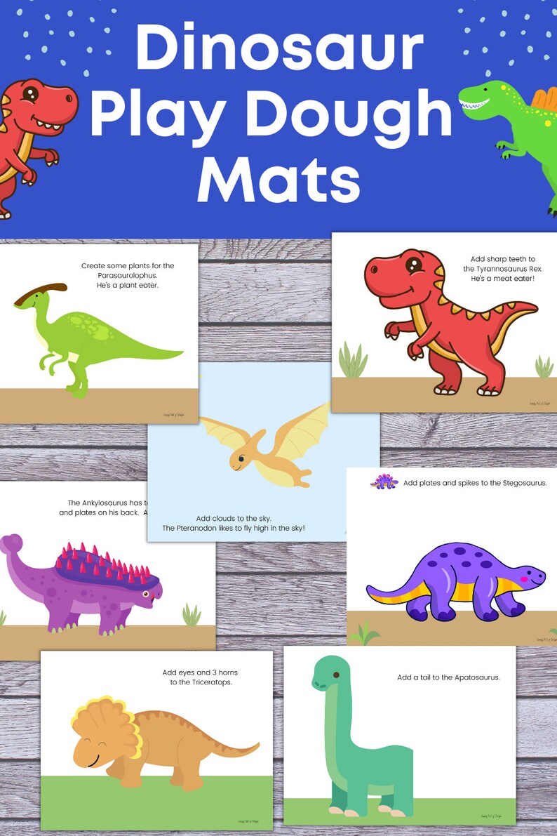 7 Dinosaur Play Dough Mats, Printable Dinosaurs Play Dough Mat, Dino ...
