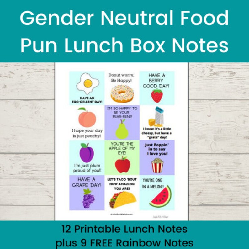 Gender Neutral Lunch Box Notes - 12 Food Pun Lunchbox Notes for Kids ...