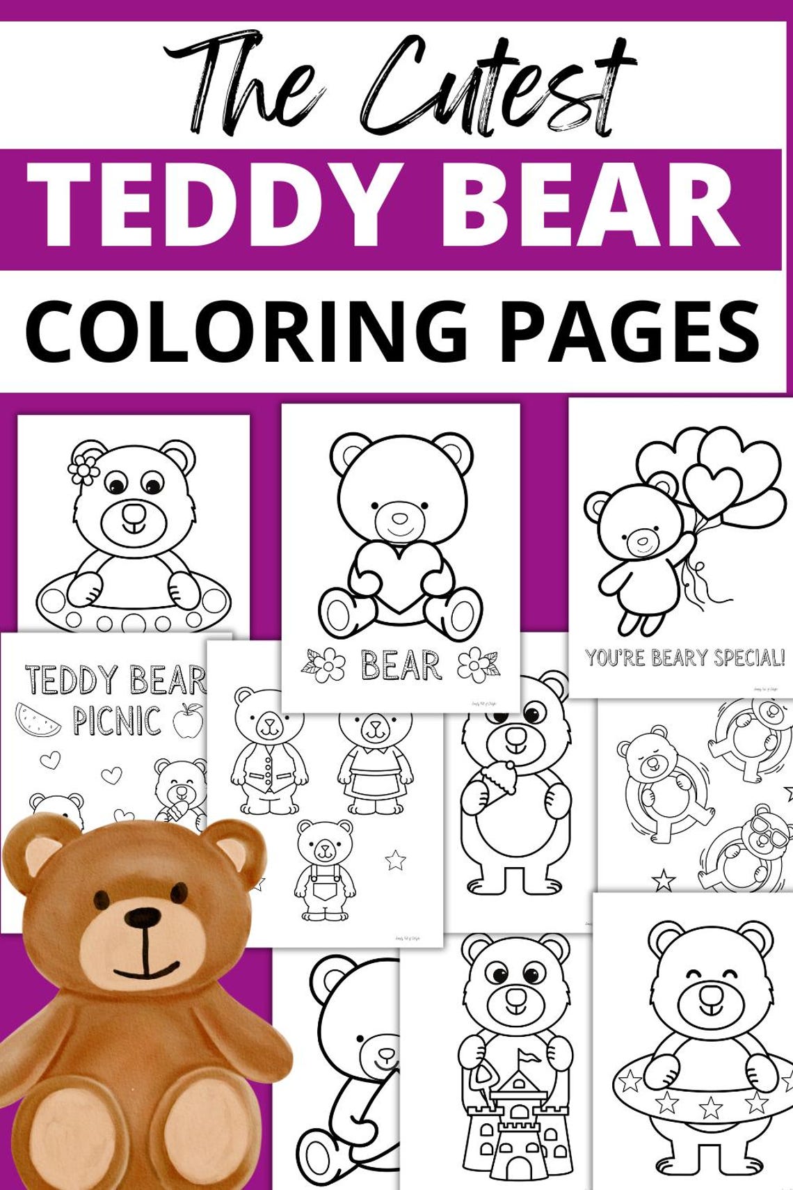 Teddy Bear Coloring Pages for Kids, Teddy Bear Coloring Sheets, Cute ...