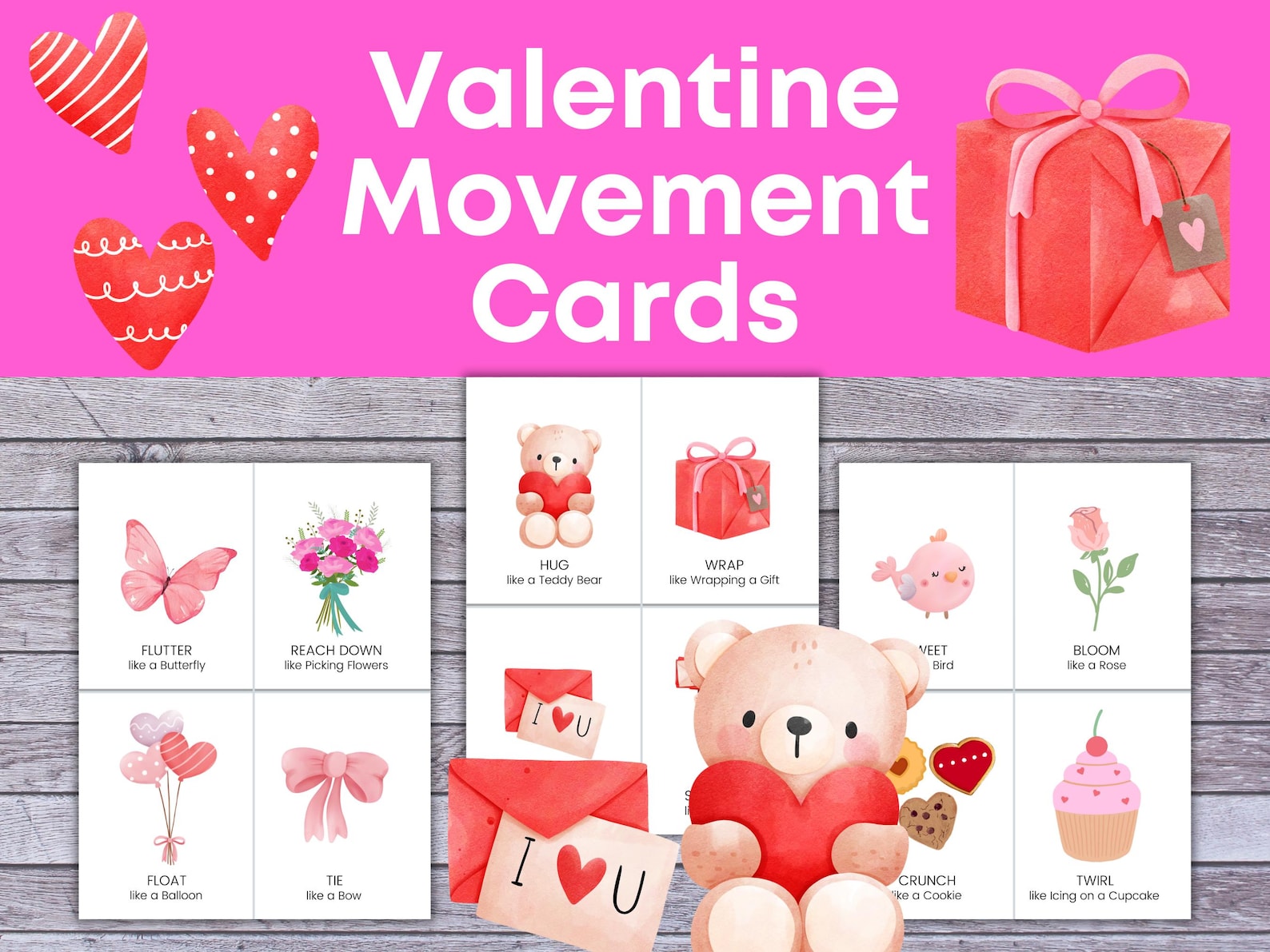 Valentine's Day Movement Cards for Kids, Preschool Gross Motor Activity ...