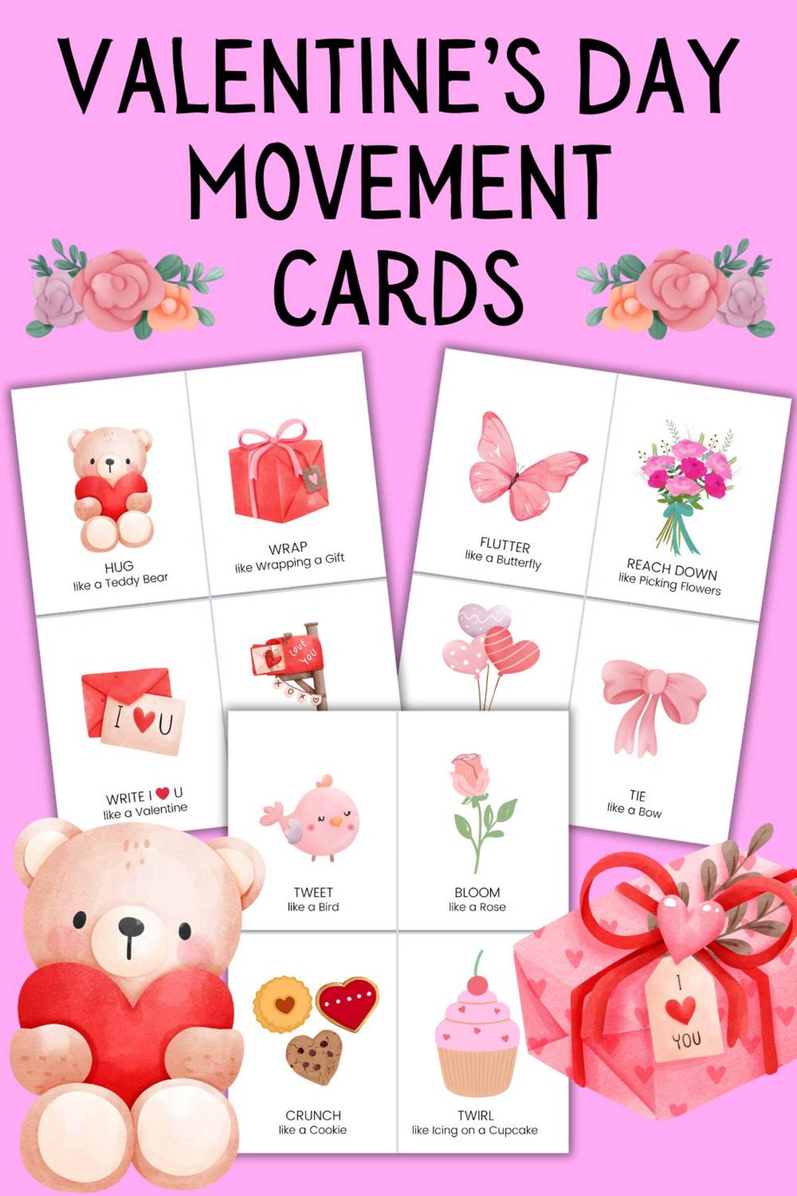 Valentine's Day Movement Cards for Kids, Preschool Gross Motor Activity ...