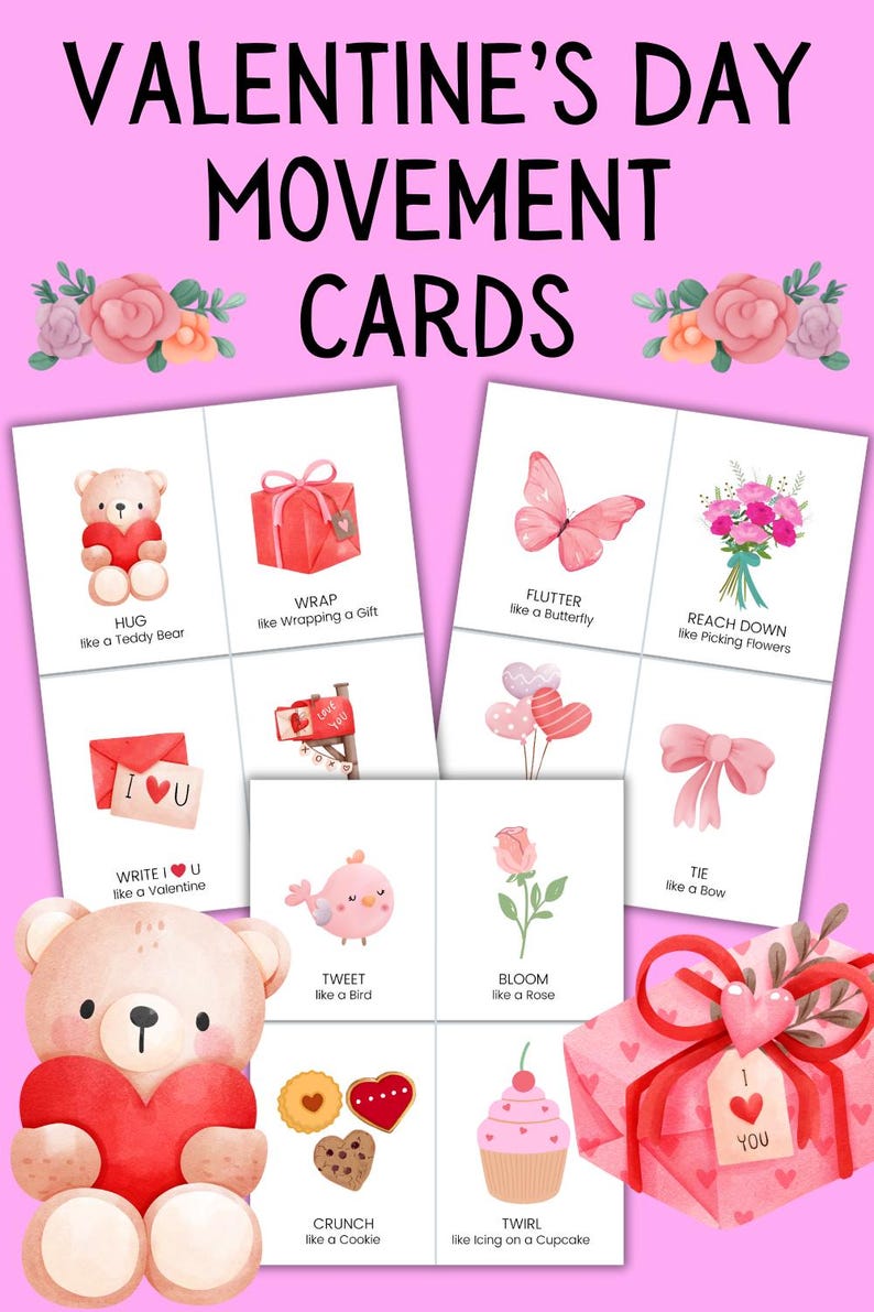 Valentine's Day Movement Cards for Kids, Preschool Gross Motor Activity ...