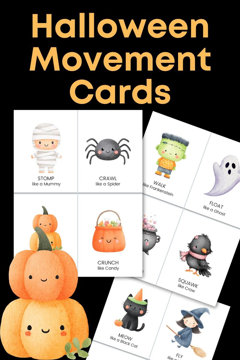 Halloween Movement Cards for Kids, Preschool Gross Motor Activity ...