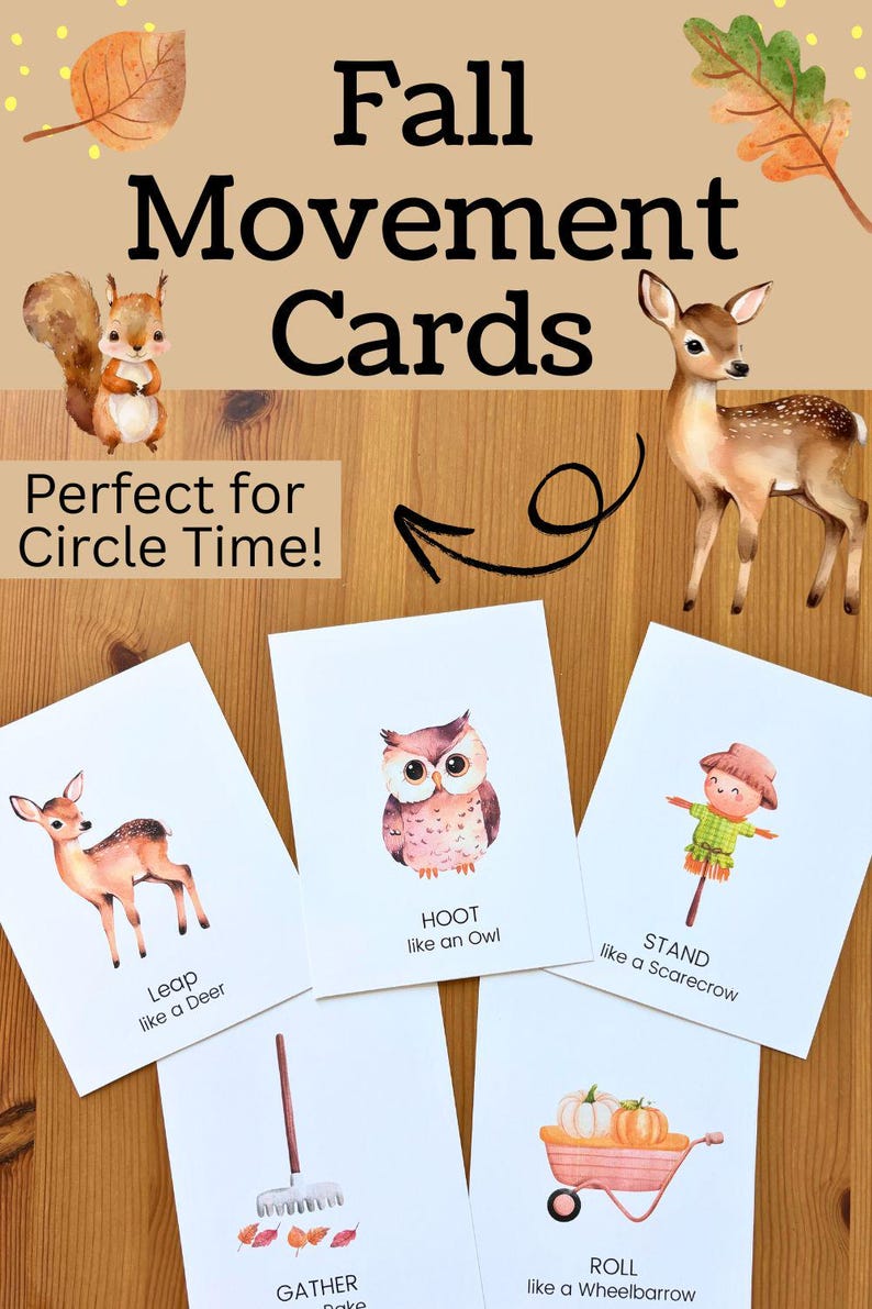 Fall Movement Cards for Kids, Preschool Gross Motor Activity Flashcards ...