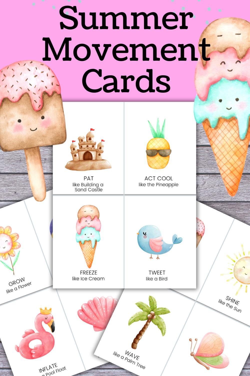 Summer Movement Cards for Kids, Preschool Gross Motor Activity ...