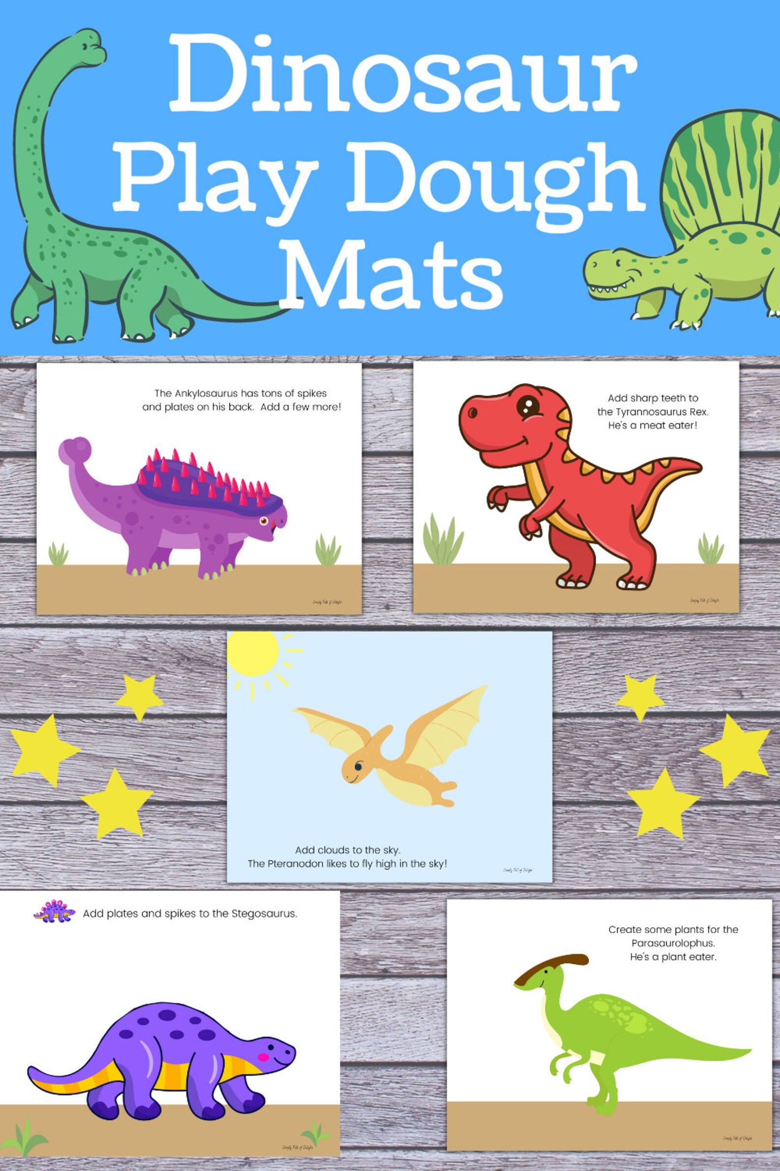 7 Dinosaur Play Dough Mats, Printable Dinosaurs Play Dough Mat, Dino ...