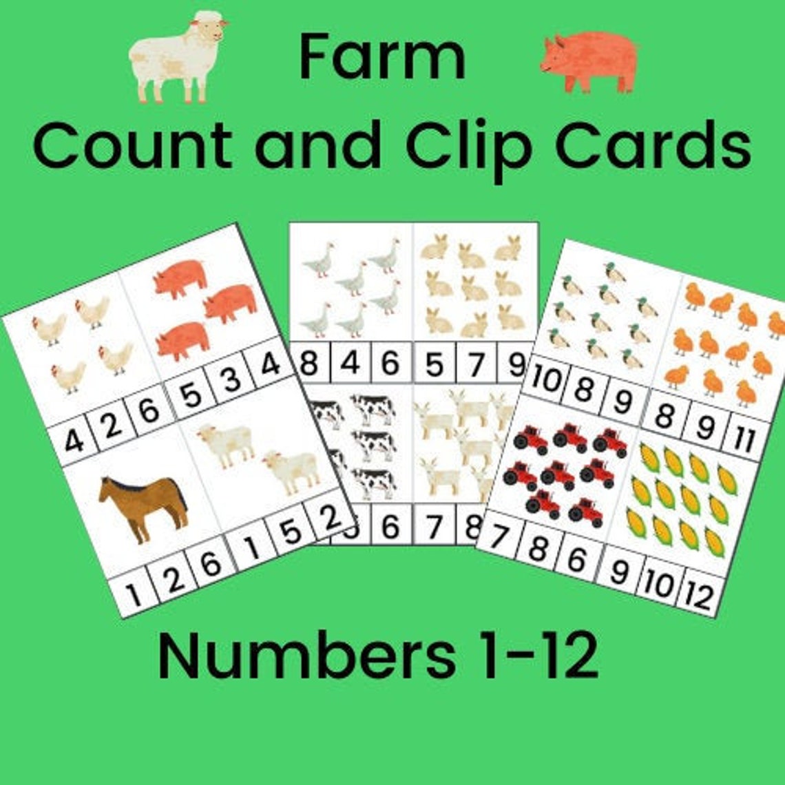 Farm Count Clip Cards Montessori Math Farm 1-12 Number Clip | Etsy