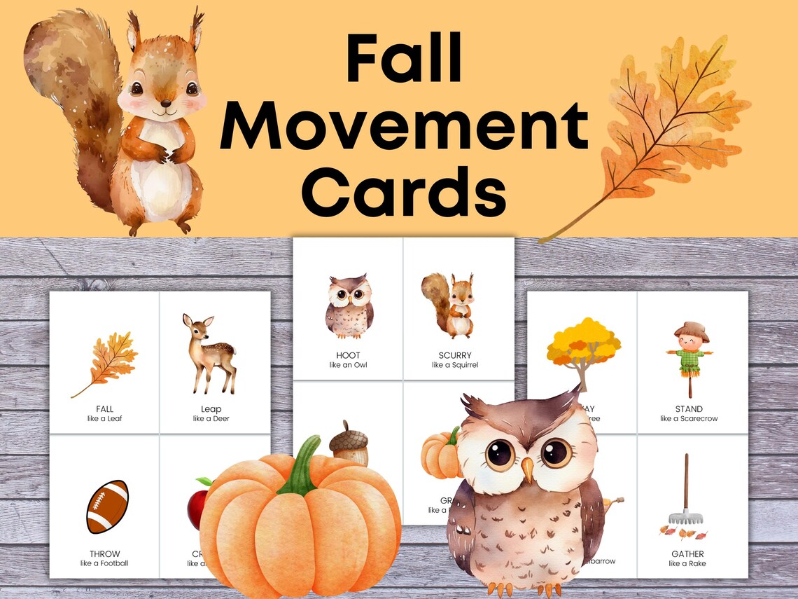 Fall Movement Cards for Kids, Preschool Gross Motor Activity Flashcards ...