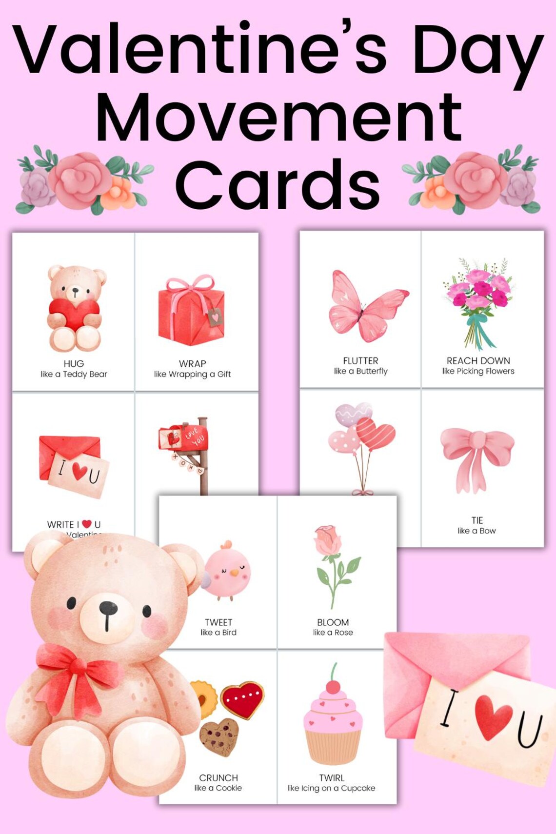 Valentine's Day Movement Cards for Kids, Preschool Gross Motor Activity ...