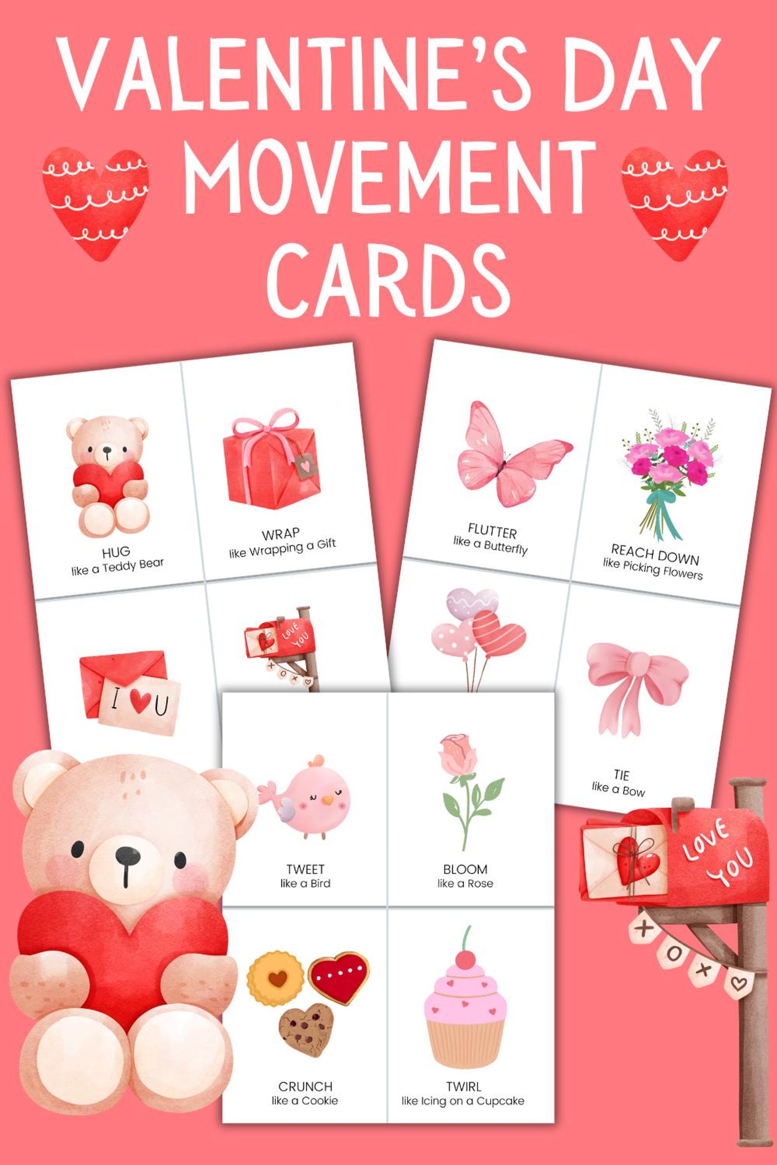 Valentine's Day Movement Cards for Kids, Preschool Gross Motor Activity ...
