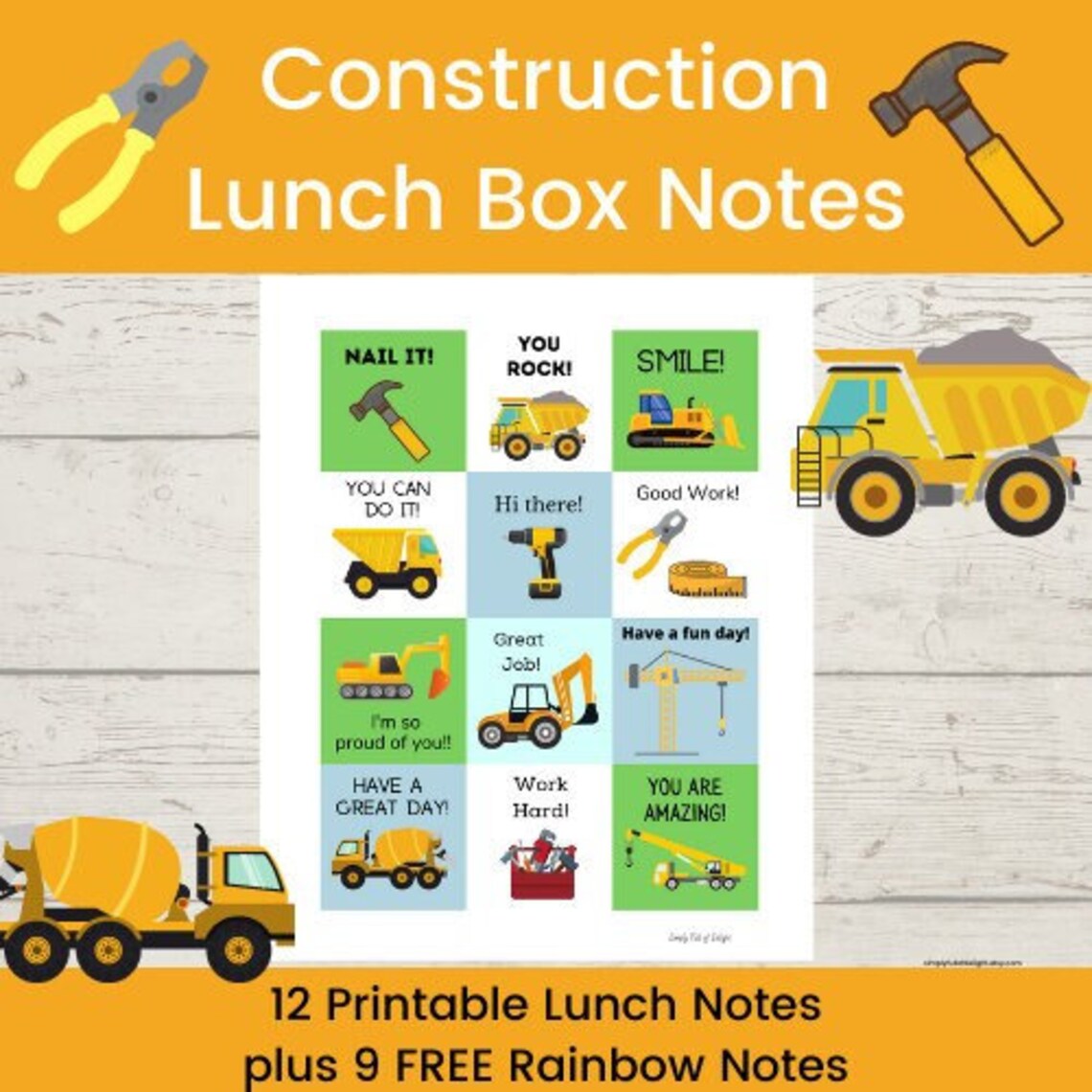 Construction Lunch Box Notes for Kids, 12 Tool Lunchbox Notes for Kids ...