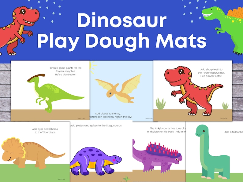 7 Dinosaur Play Dough Mats, Printable Dinosaurs Play Dough Mat, Dino ...