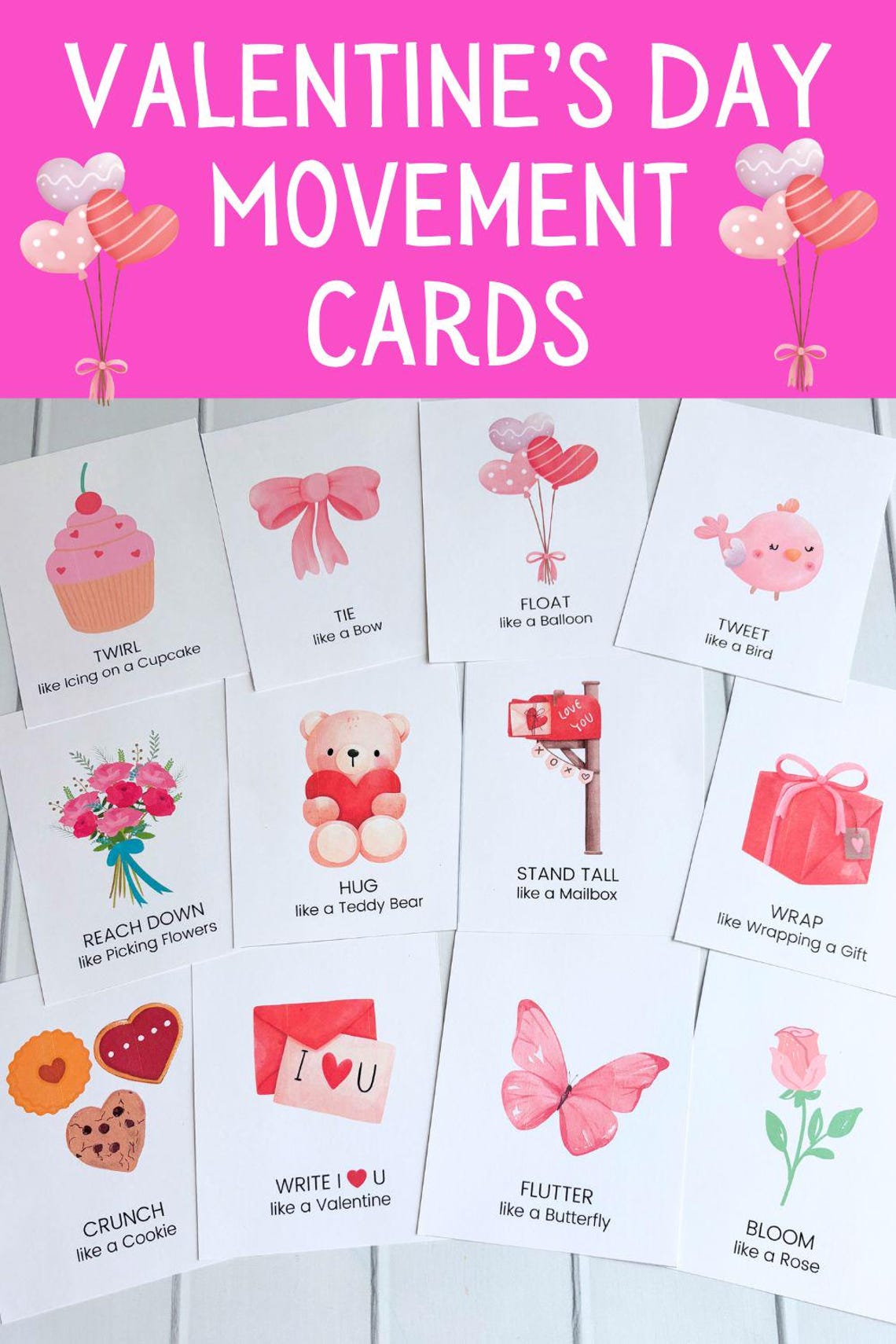 Valentine's Day Movement Cards for Kids, Preschool Gross Motor Activity ...
