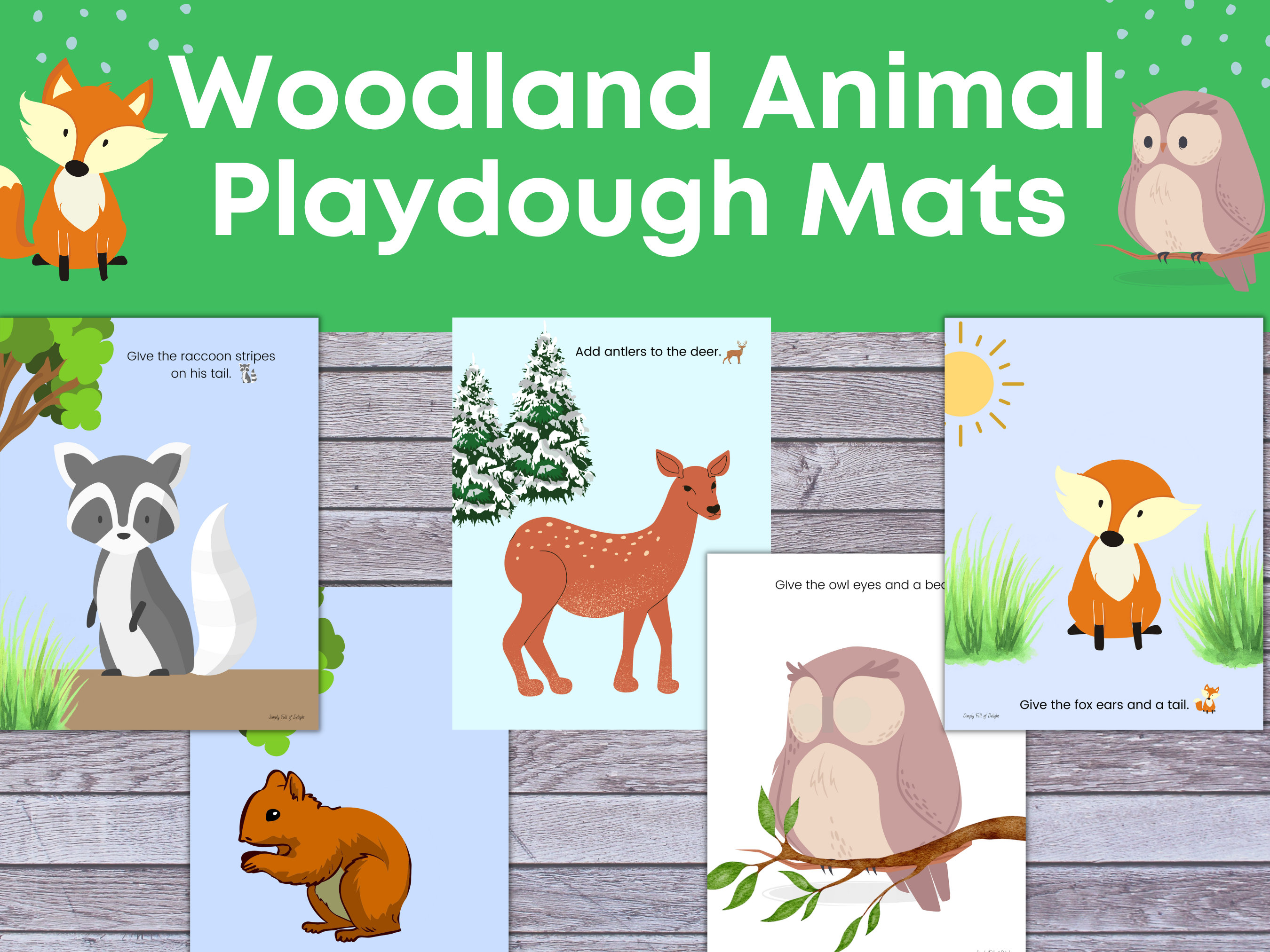 5 Printable Play Doh Mats, Animal Play Dough Mats, Woodland Playdough Mat, Woodland Animal ...
