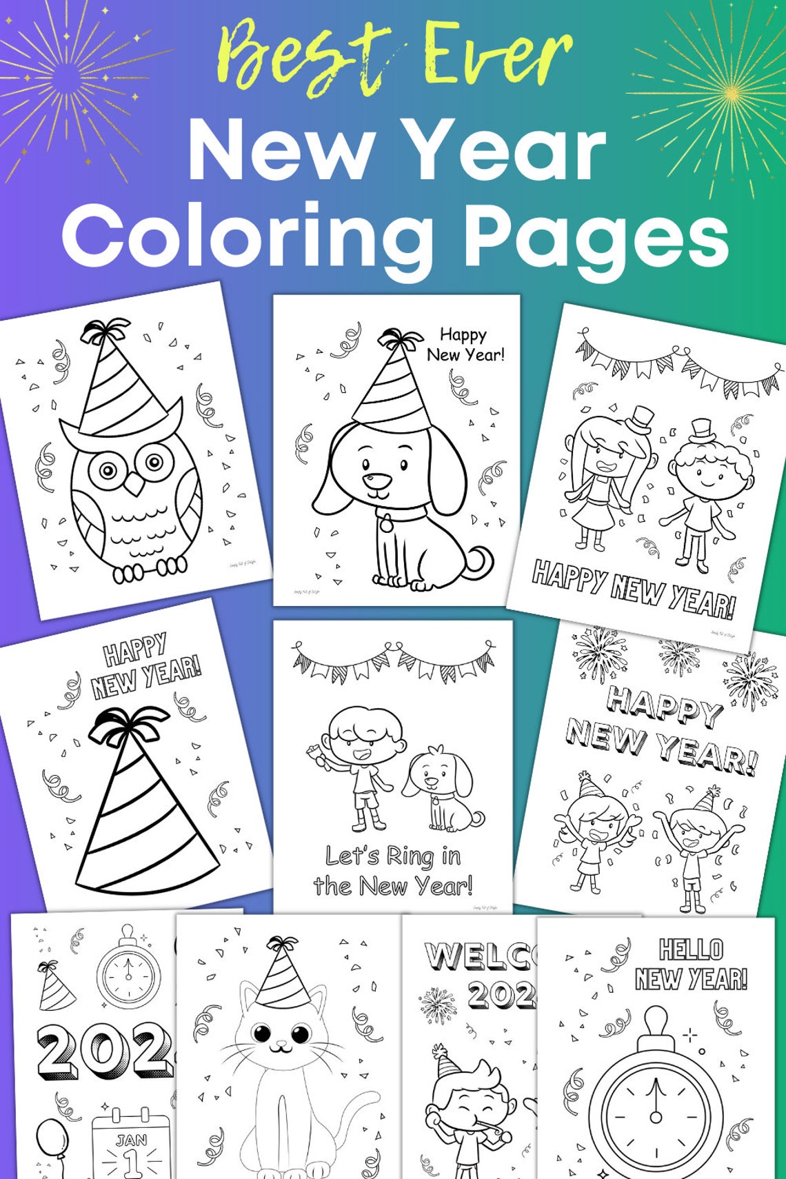 New Year Coloring Pages for Kids, New Years Eve Coloring Sheets, New ...
