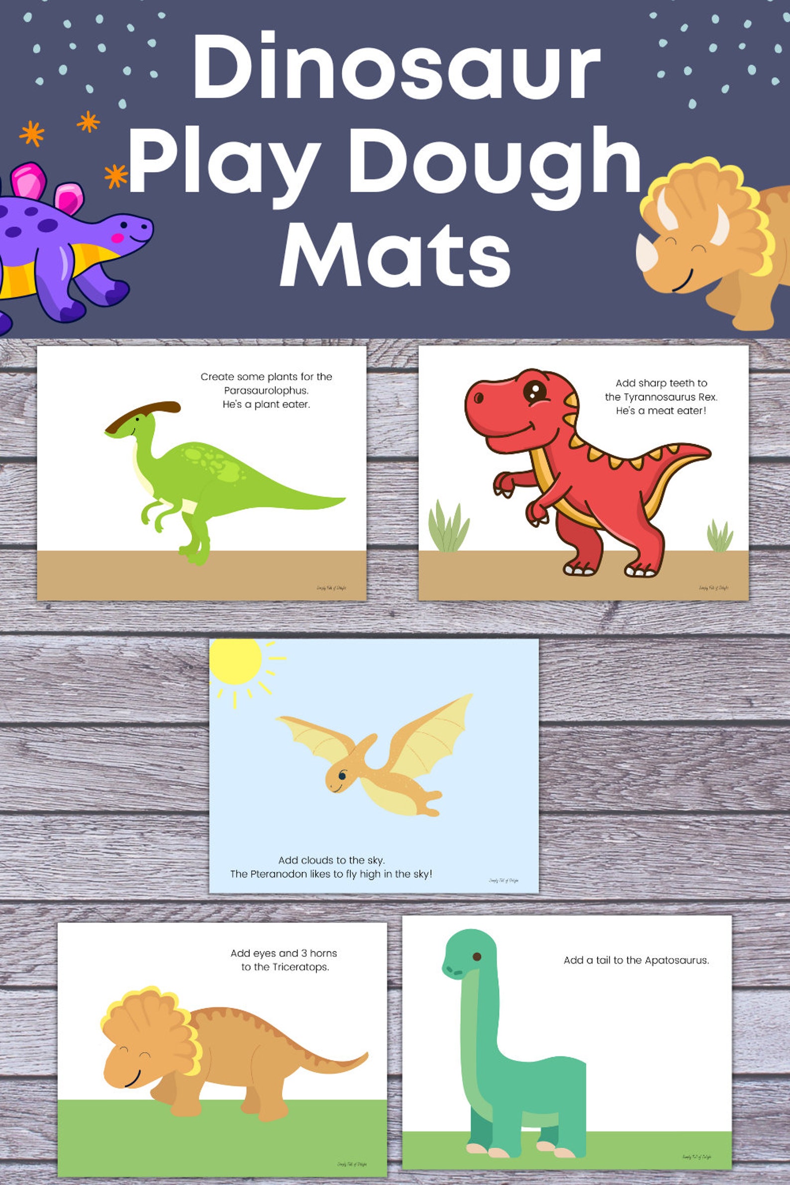 7 Dinosaur Play Dough Mats, Printable Dinosaurs Play Dough Mat, Dino ...