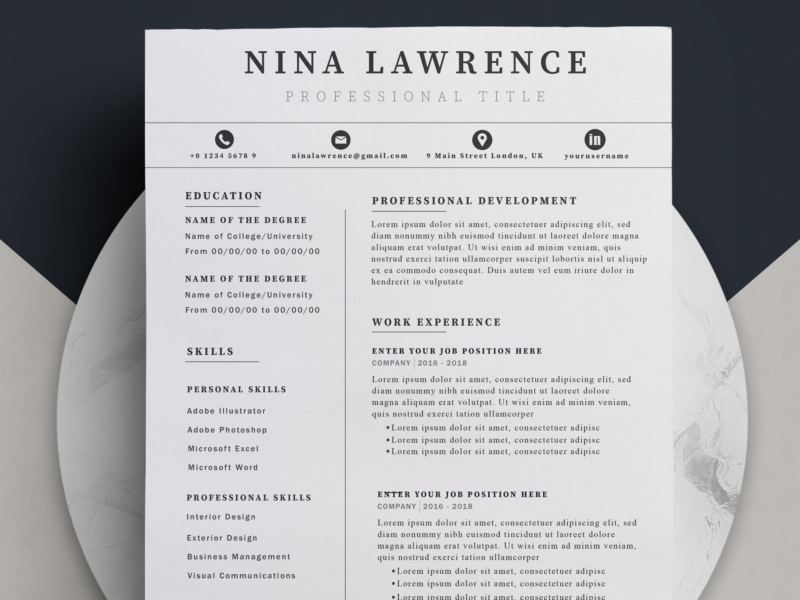 Minimalistic Resume Template for MS Word Professional - Etsy