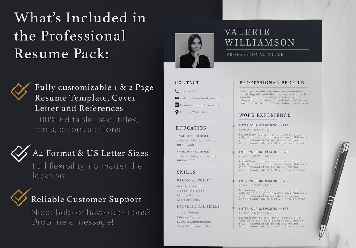 Classy Resume Template for Word Professional Resume - Etsy