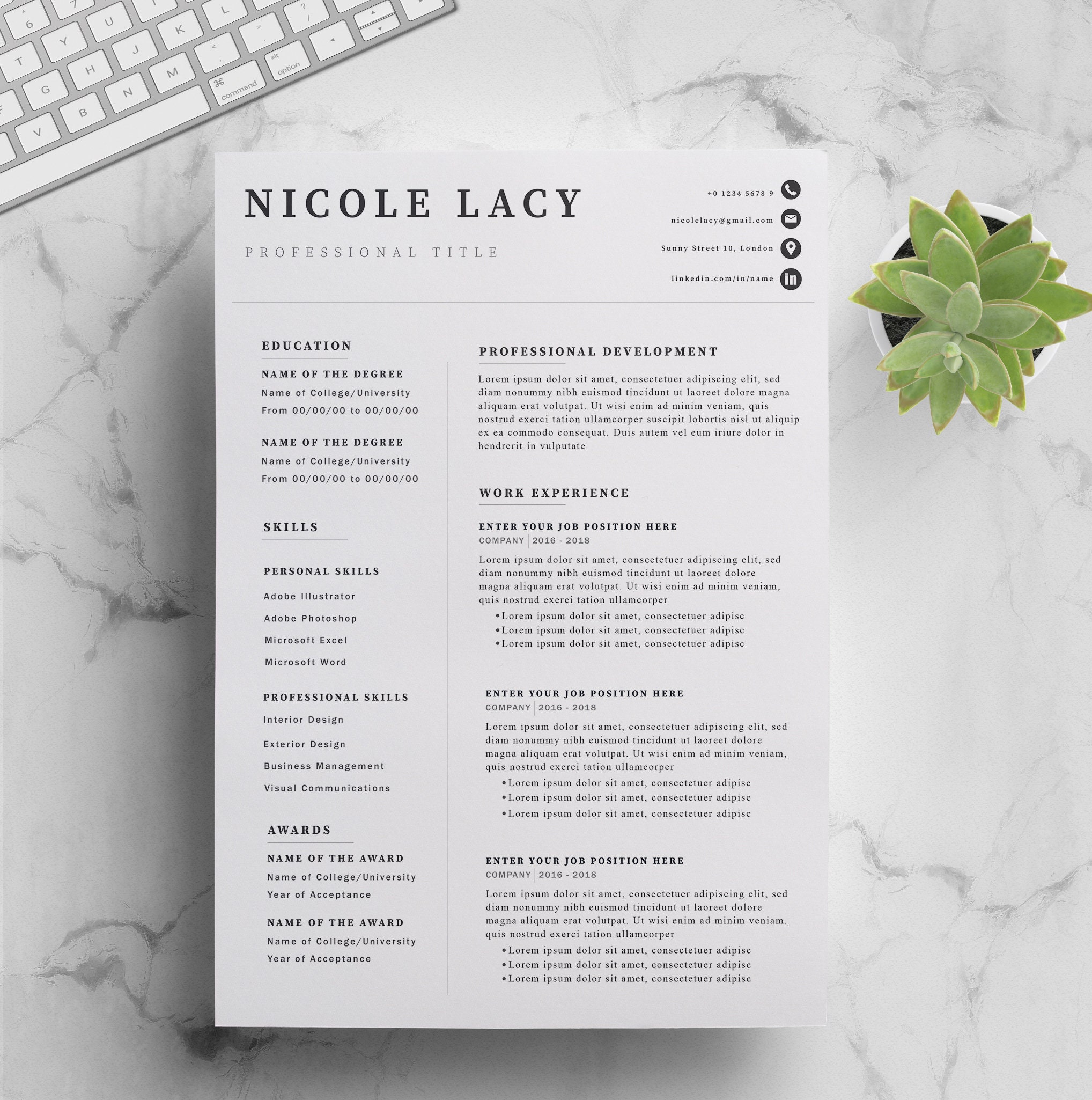Minimalistic Resume Template for MS Word Professional | Etsy