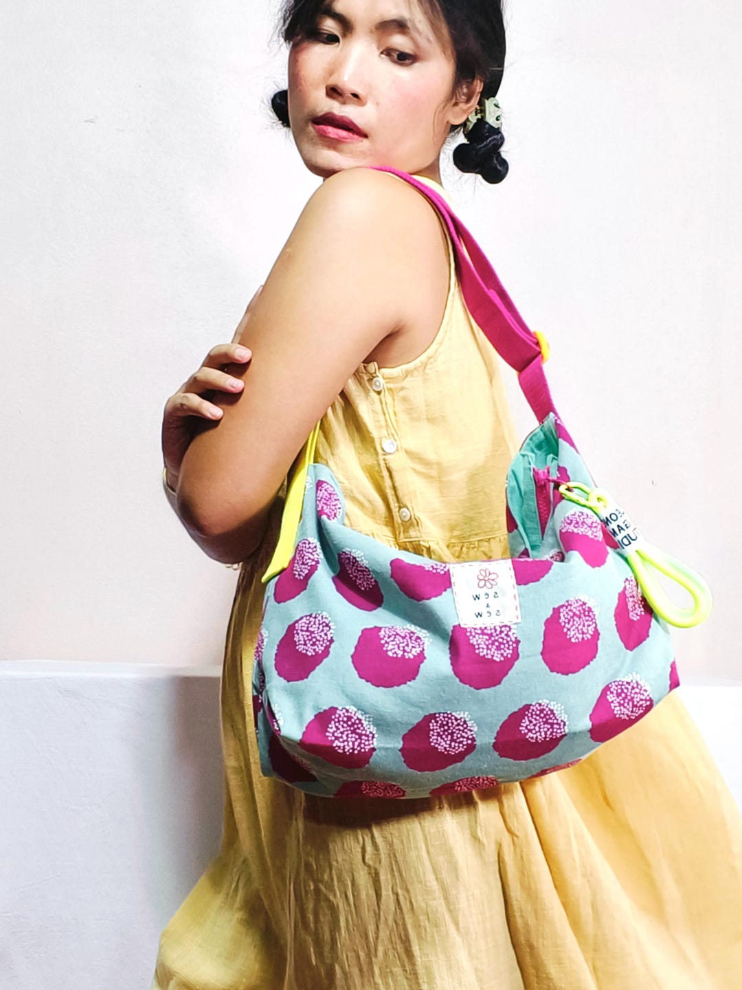 Pink and Mint Japanese Cotton Zipper Reversible Shoulder Bag Adjustable ...