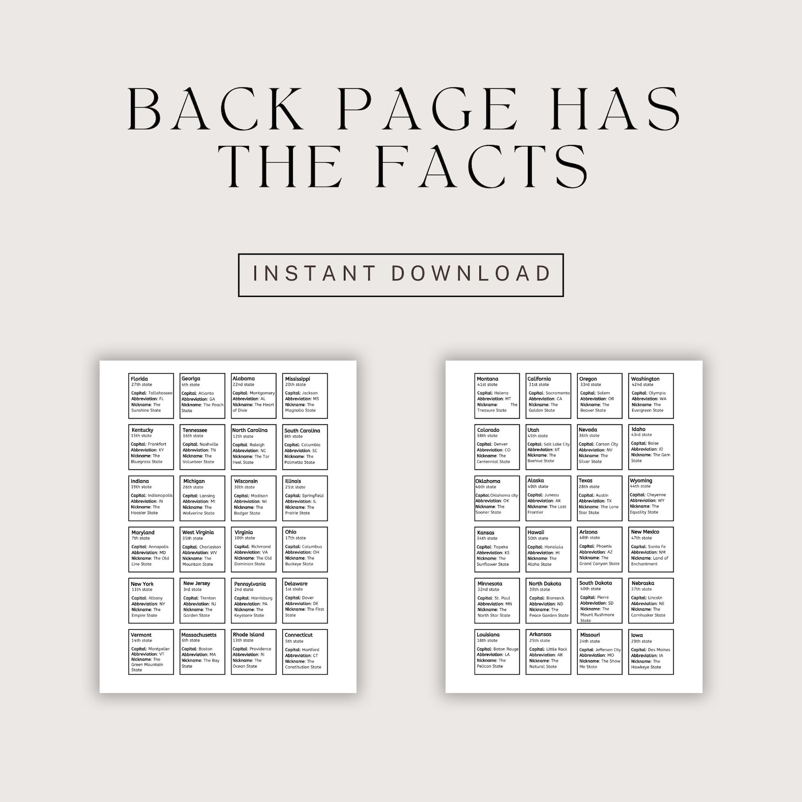 50 States Flashcards | Fast Fact Cards | United States Matching Game ...