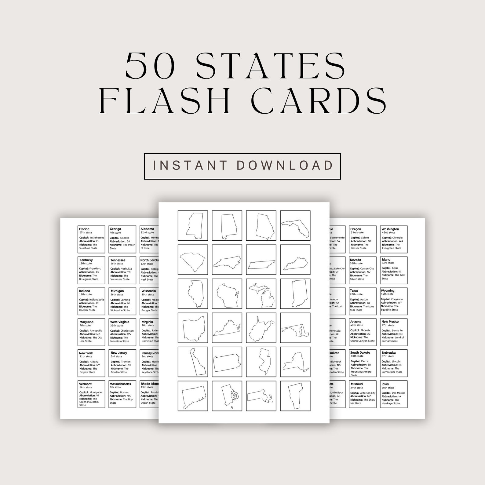 50 States Flashcards | Fast Fact Cards | United States Matching Game ...