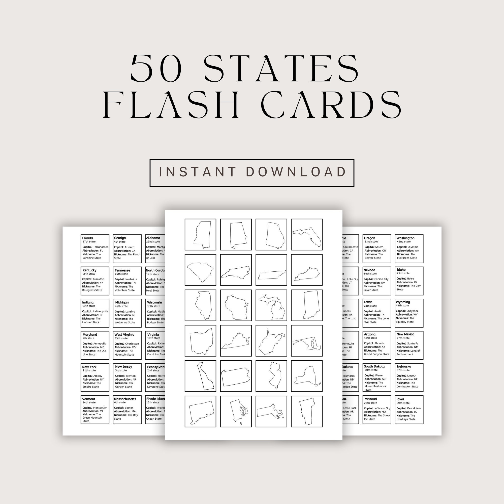 50 States Flashcards | Fast Fact Cards | United States Matching Game ...