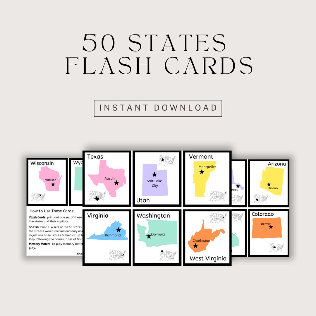 50 States and Capitals Flashcards | United States Matching Game ...