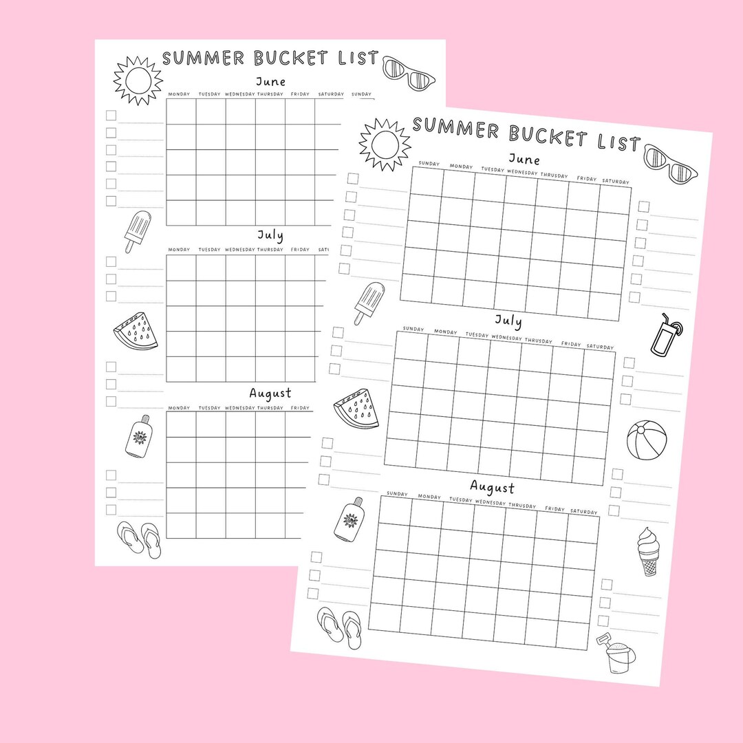 Printable Summer Calendar and Bucket List Poster (digital Download) - Etsy