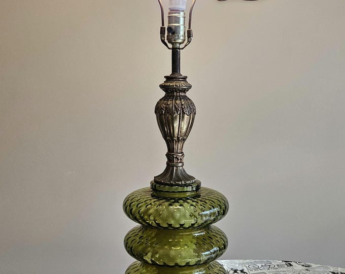Green Dimpled Glass Table Lamp Vintage Swag Light Antique Retro 1970's ...