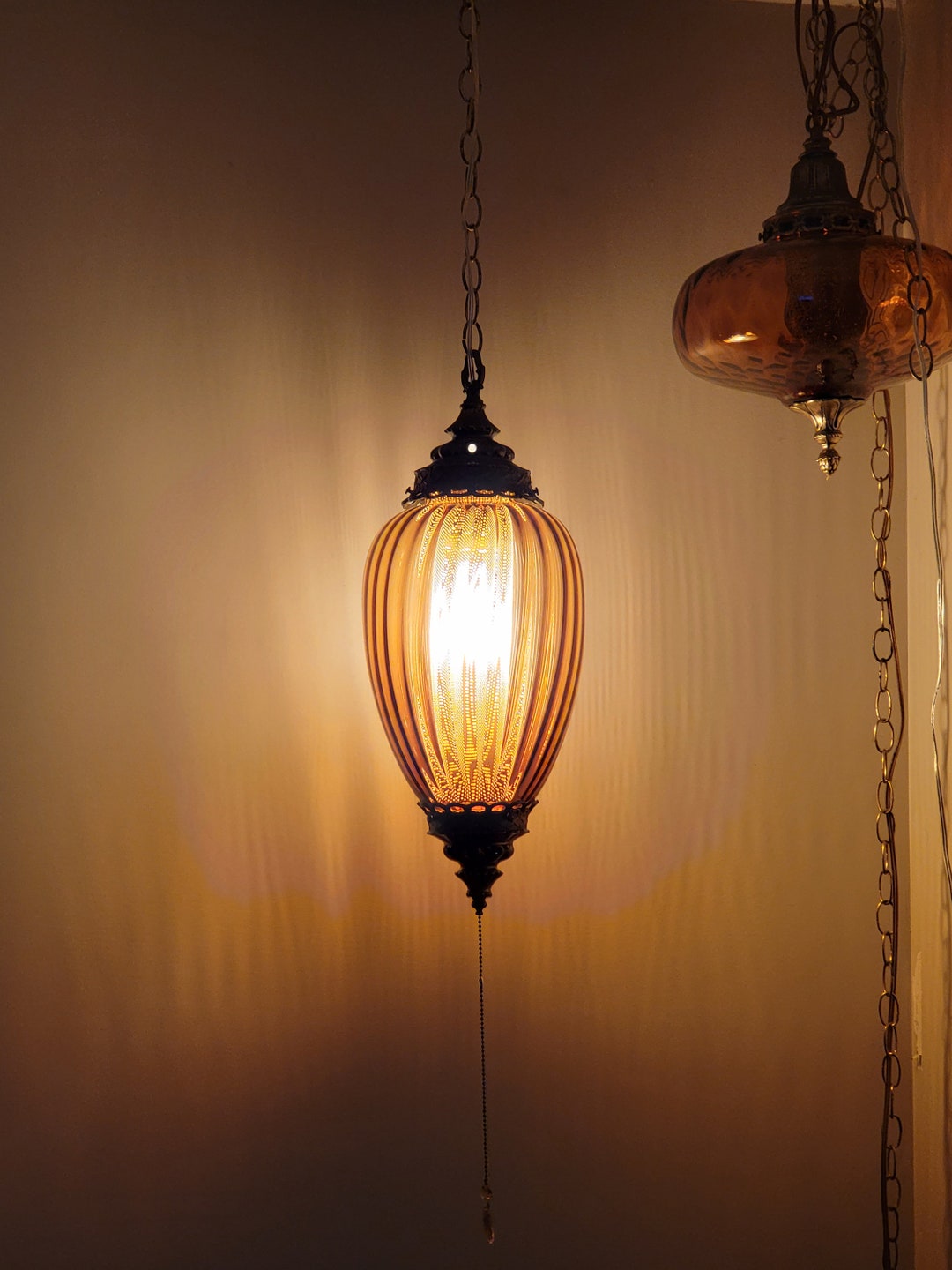 AMBER Glass Vintage Light Swag Hanging Lamp Diffuser Plug-in Mid ...